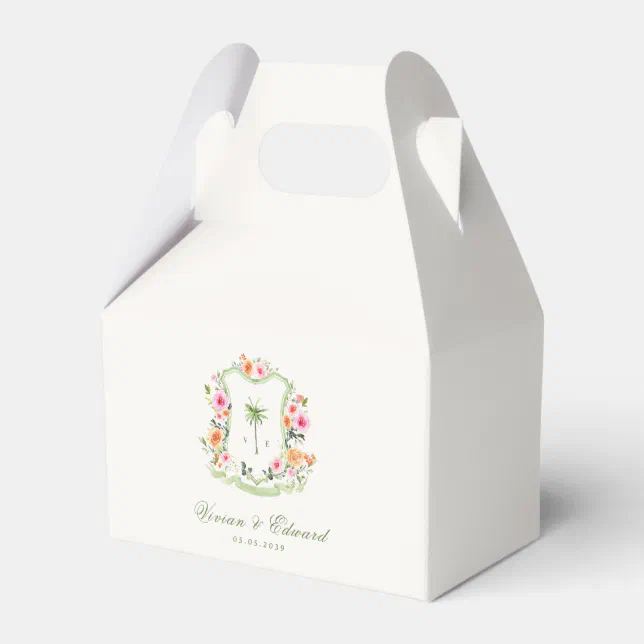 Tropical Palm Tree Monogram Crest Beach Wedding Favor Boxes | Zazzle