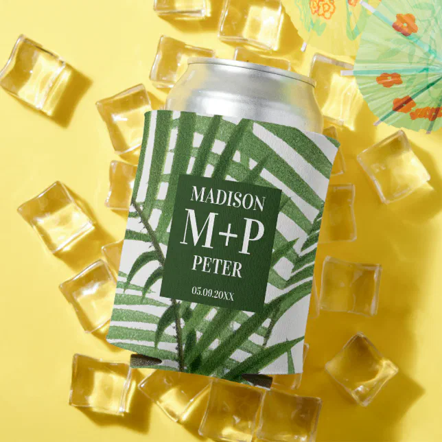 Tropical Palm Tree Monogrammed Wedding Album Can Cooler | Zazzle