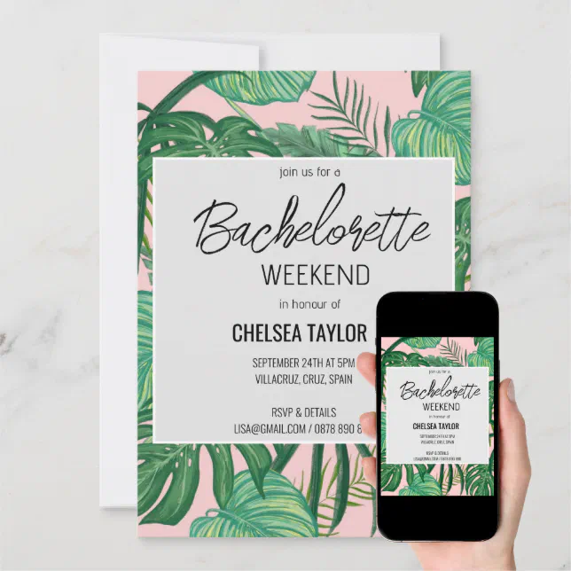 Tropical Palm Tree Pink Bachelorette Party Invitation | Zazzle