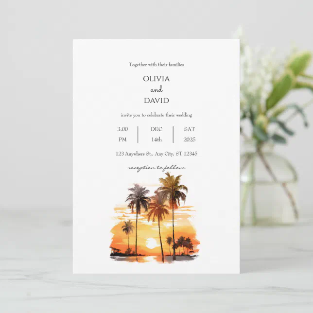 Tropical Palm Trees Against Beach Sunset Wedding Invitation | Zazzle