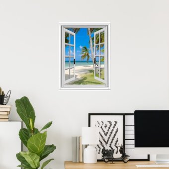 Tropical Palm Trees Beach Ocean View Fake Window Poster | Zazzle