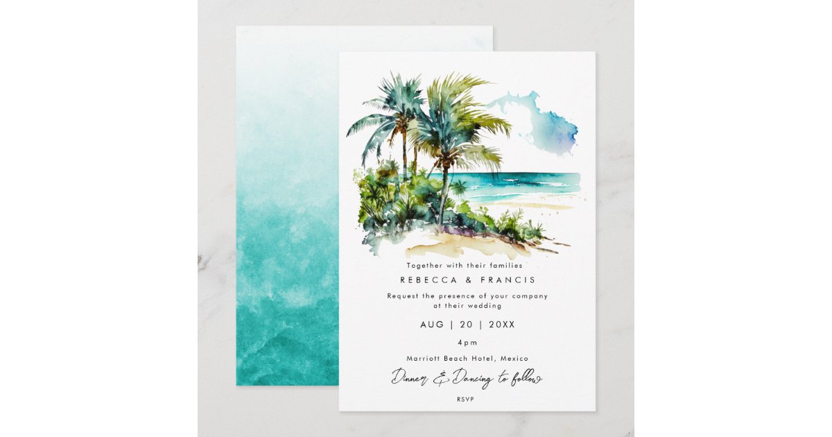 tropical palm trees beach wedding invitation | Zazzle