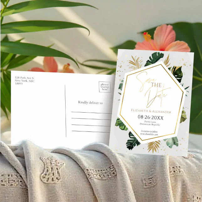 Tropical Palm Trees Gilded Script Save The Date Postcard | Zazzle