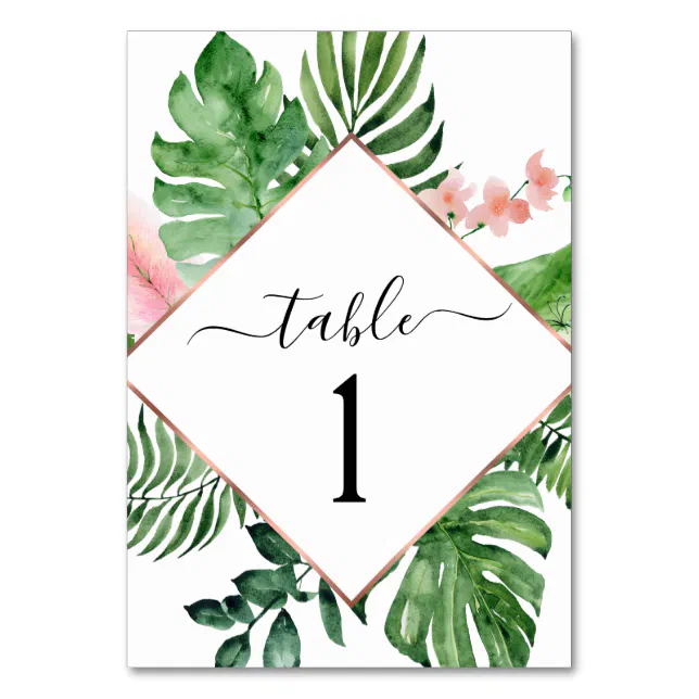 Tropical Palm Watercolor Geometric Wedding Table Number | Zazzle