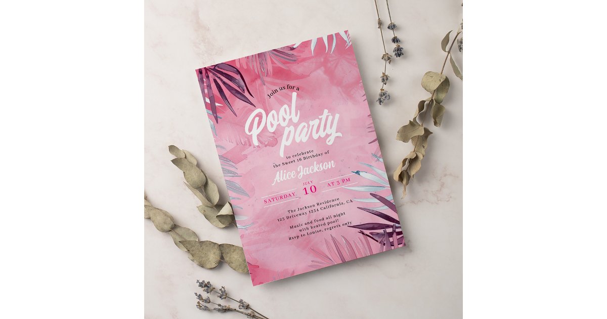 Tropical Palm Watercolor Pool Party Sweet 16 Invitation | Zazzle