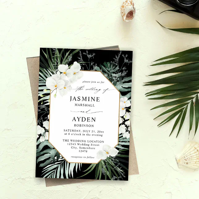 Tropical Palm & White Floral Wedding V2 LN Black Invitation | Zazzle
