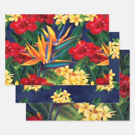 Tropical Paradise Hawaiian Floral Trio Wrapping Paper Sheets | Zazzle.com