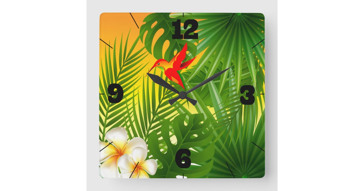 Tropical Paradise with a Hummingbird Square Wall Clock | Zazzle