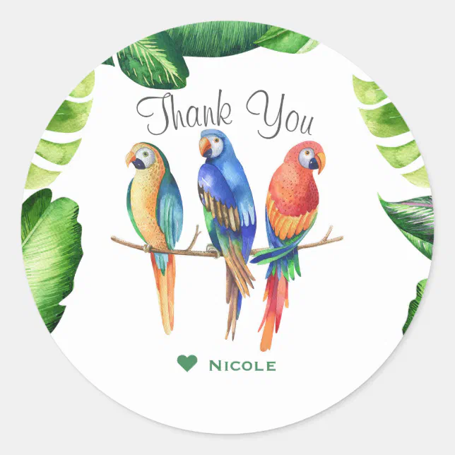 Tropical Parrots Birds & Leaves Birthday Party Classic Round Sticker ...