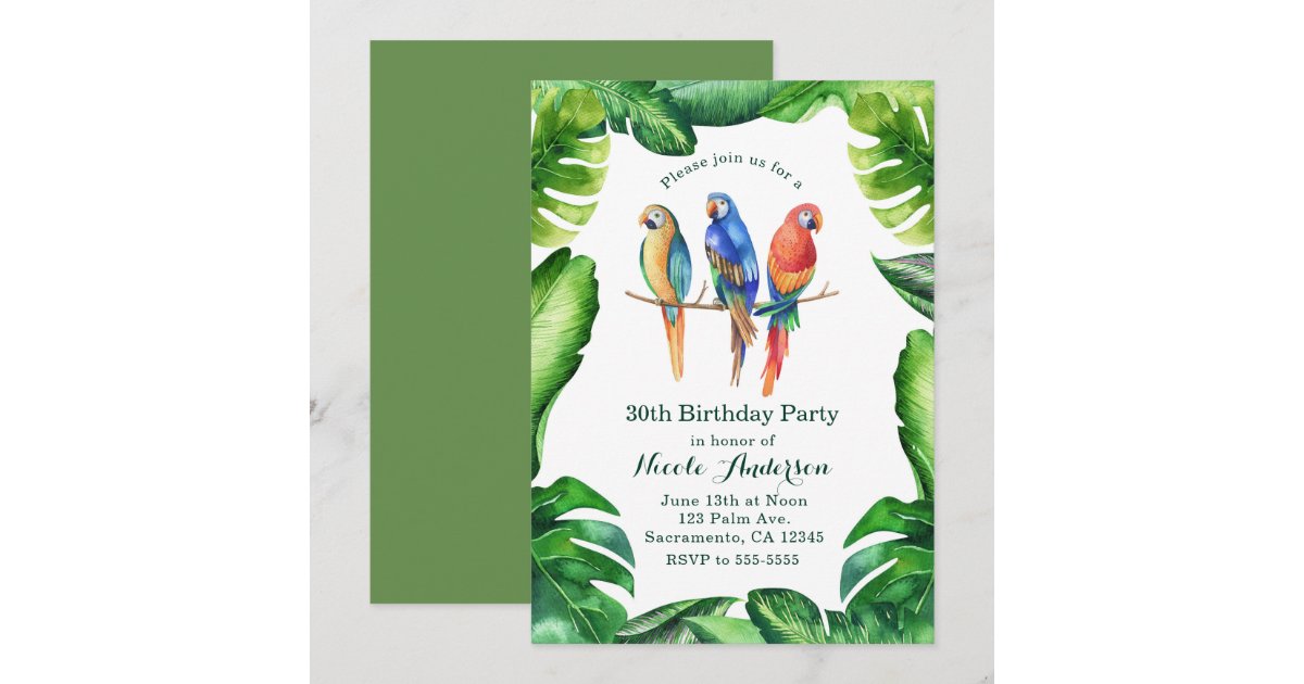 Tropical Parrots Birds & Leaves Party Invitatons Invitation | Zazzle