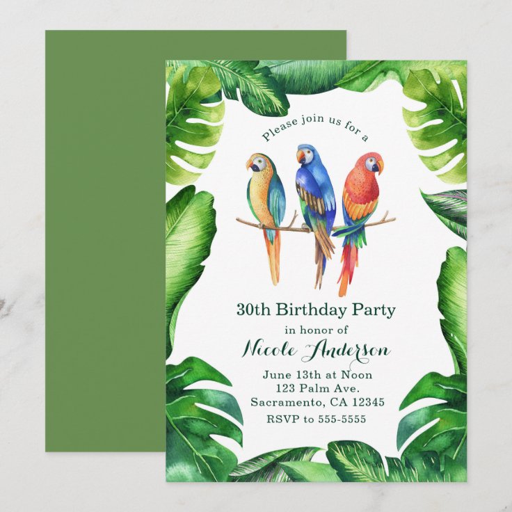 Tropical Parrots Birds & Leaves Party Invitatons Invitation | Zazzle