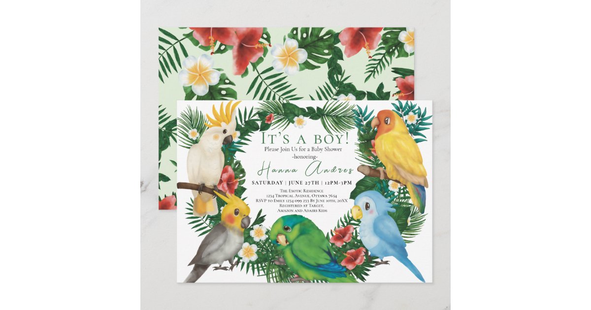 Tropical Parrots exotic birds Boy Baby Shower Invitation | Zazzle