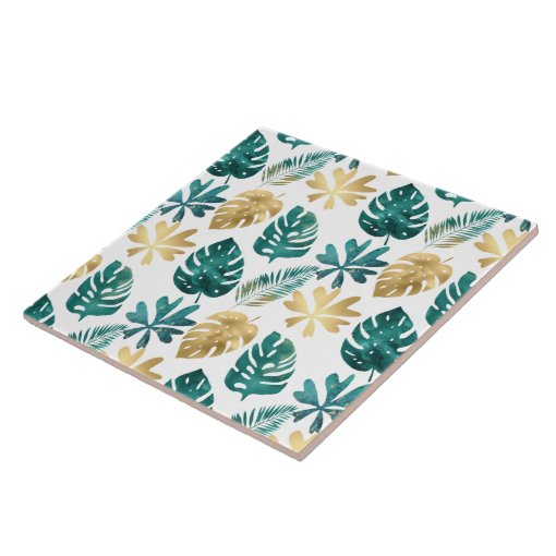 Tropical Pattern Green Yellow Gold Palm Leaves Ceramic Tile | Zazzle