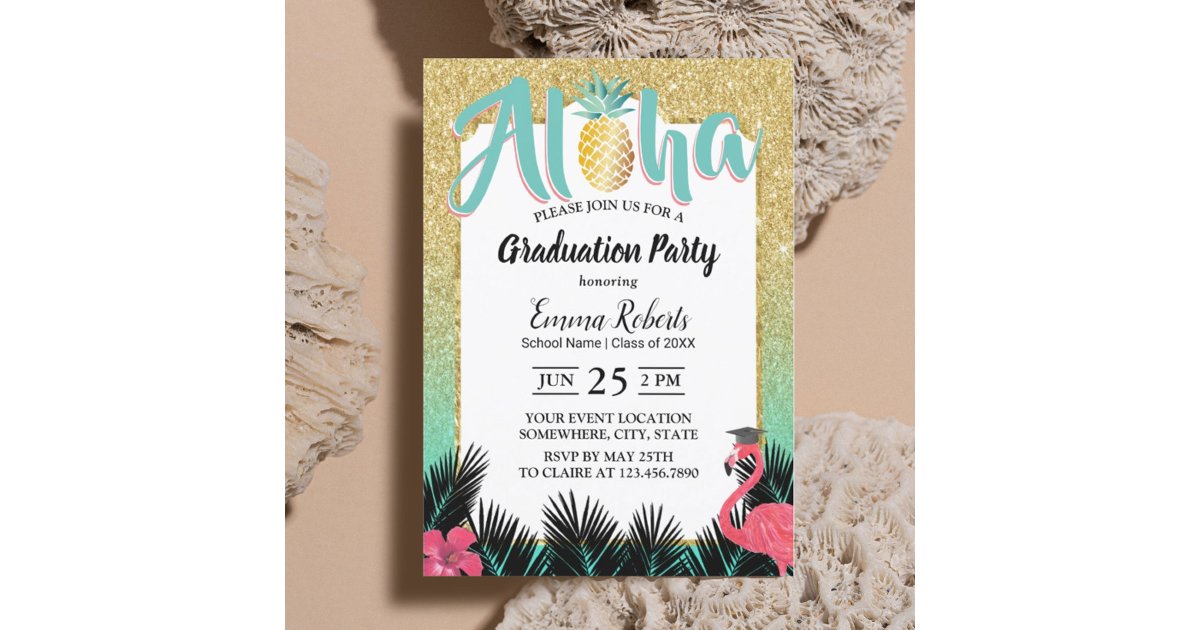 Tropical Pineapple Aloha Gold Glitter Graduation Invitation | Zazzle