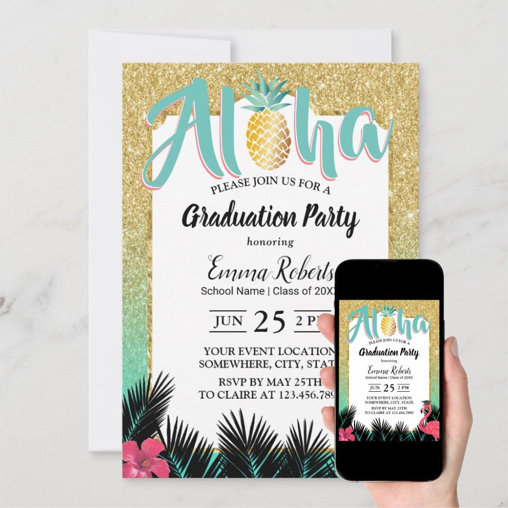 Tropical Pineapple Aloha Gold Glitter Graduation Invitation sold by ...
