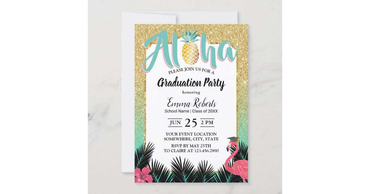 Tropical Pineapple Aloha Gold Glitter Graduation Invitation | Zazzle