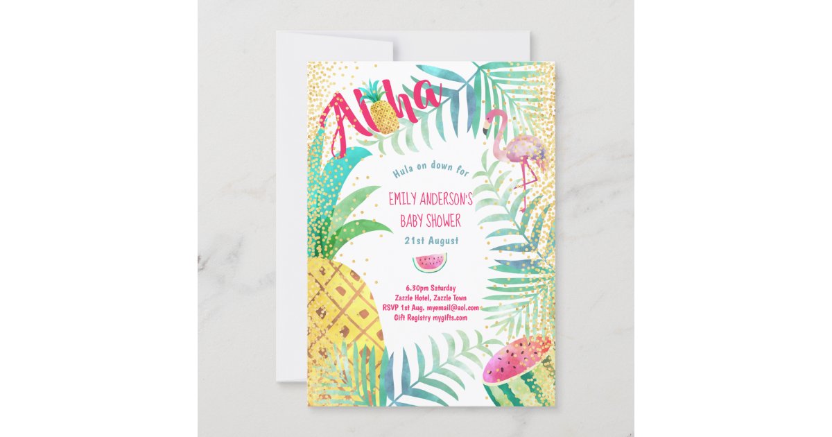 Tropical Pineapple Flamingo Pink Gold Aloha Invitation | Zazzle