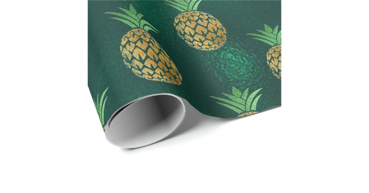 Tropical pineapple fruit gold deep green glass wrapping paper | Zazzle