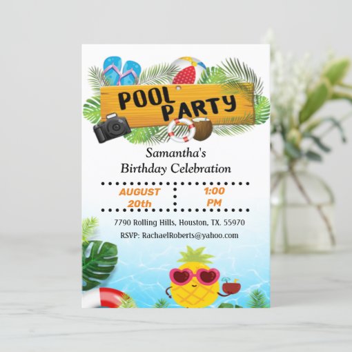 Tropical Pineapple Pool Party Birthday Invitation | Zazzle
