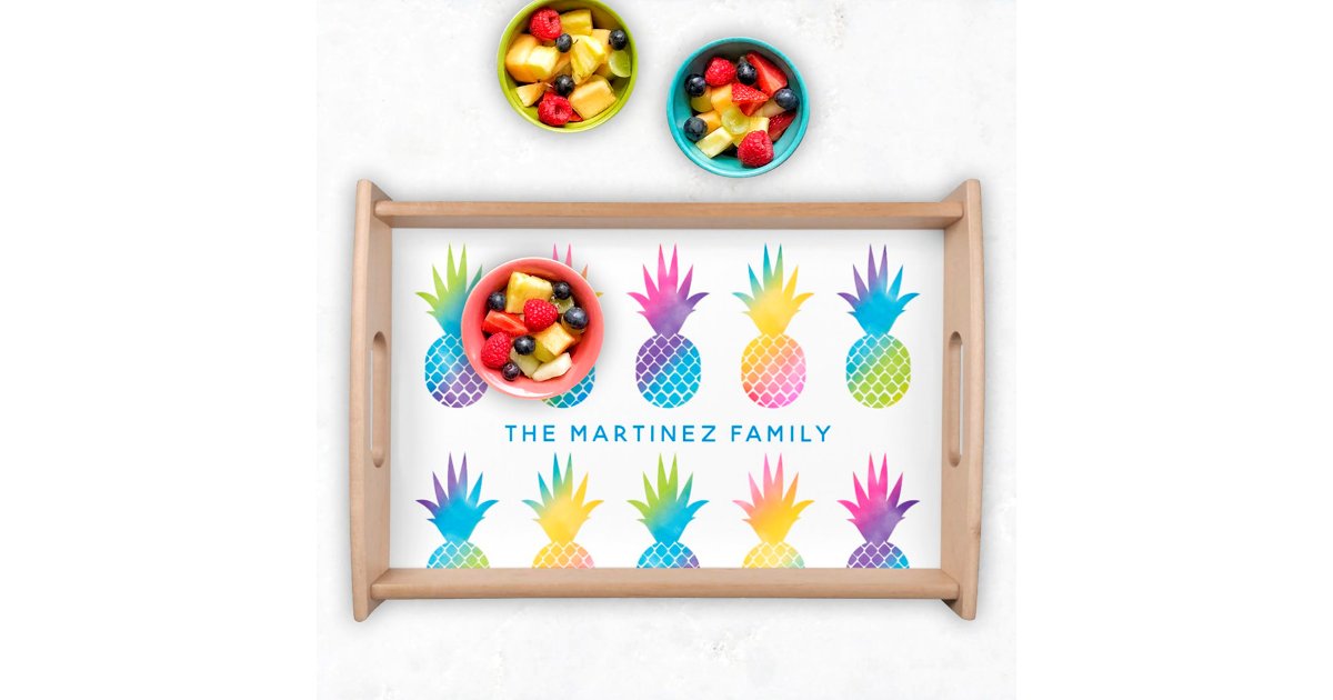 Tropical Pineapple Rainbow Watercolor Custom Name Serving Tray | Zazzle