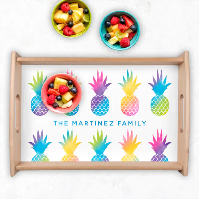 Tropical Pineapple Rainbow Watercolor Custom Name Serving Tray | Zazzle