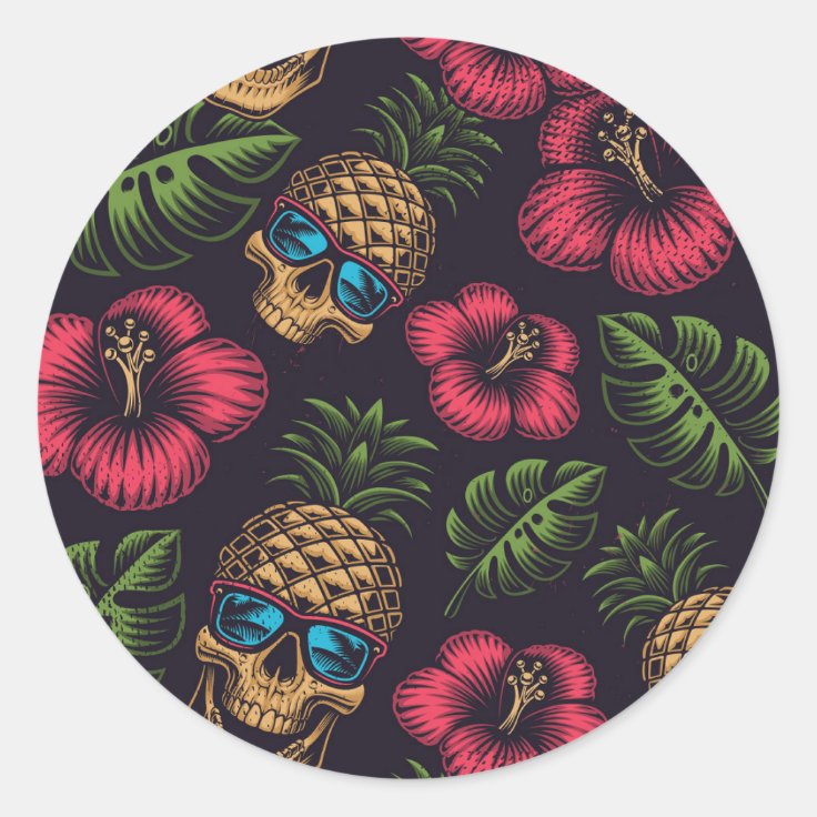 Tropical Pineapple Skulls Classic Round Sticker | Zazzle