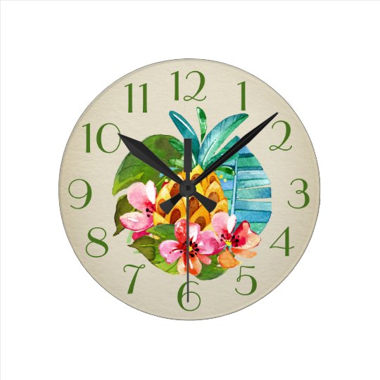Tropical Pineapple Stilllife Watercolor Round Clock | Zazzle.com