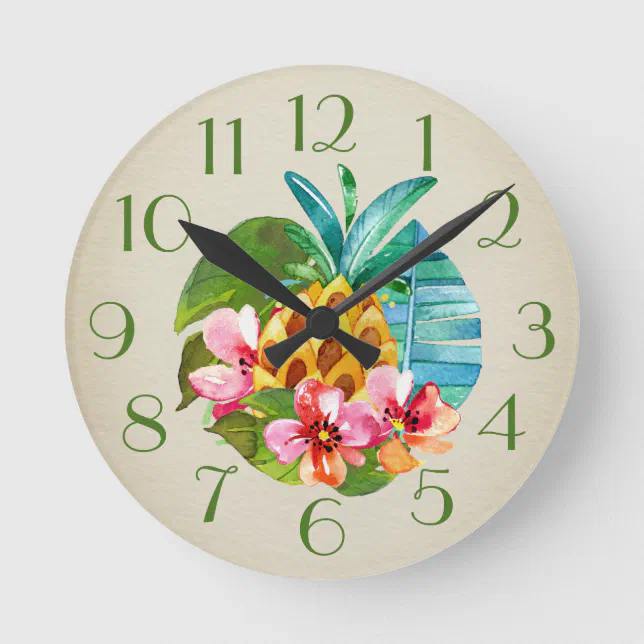 Tropical Pineapple Stilllife Watercolor Round Clock | Zazzle