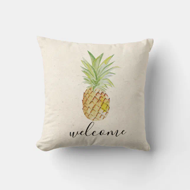 Tropical Pineapple Watercolor Welcome Throw Pillow | Zazzle