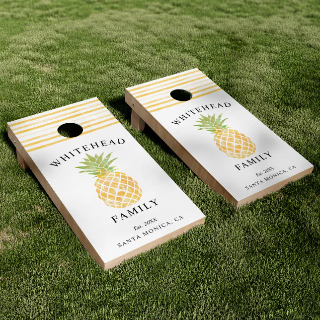 Tropical Pineapple Watercolor Yellow Stripe Cornhole Set | Zazzle