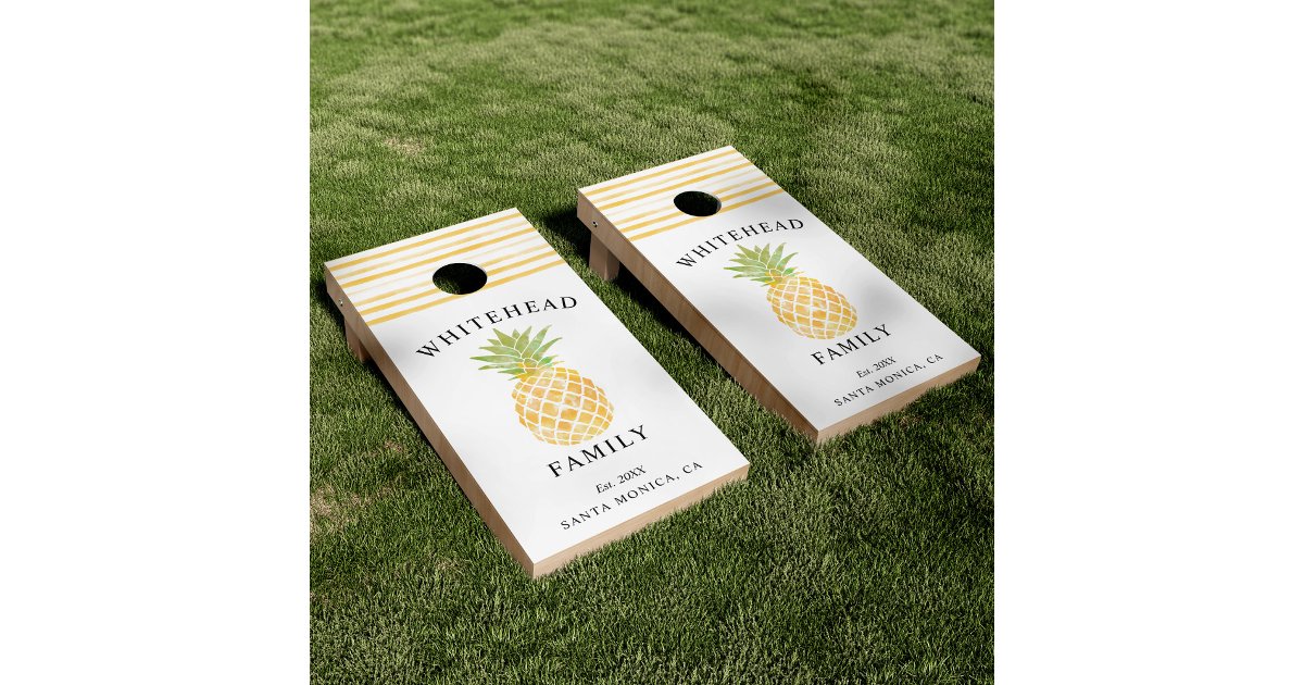 Tropical Pineapple Watercolor Yellow Stripe Cornhole Set | Zazzle