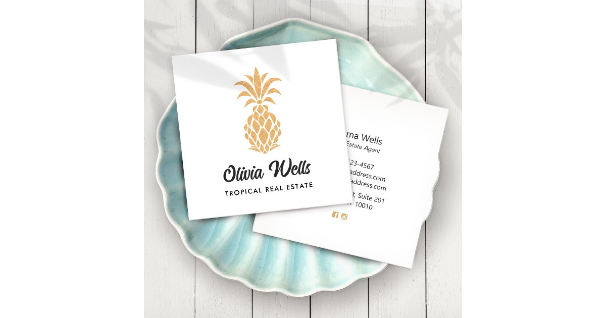 Tropical Pineapple White and Gold Calling Card | Zazzle