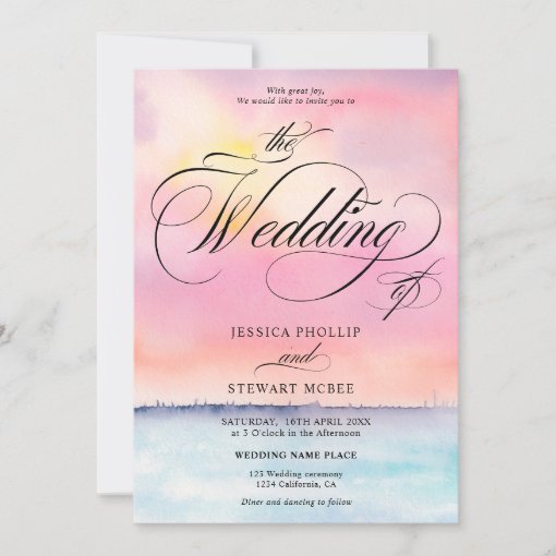 Tropical pink beach sunset calligraphy wedding invitation | Zazzle