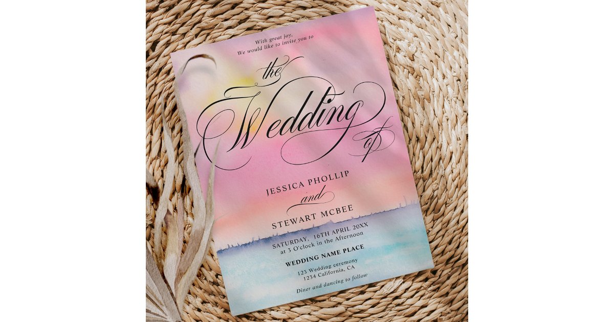 Tropical pink beach sunset calligraphy wedding invitation | Zazzle