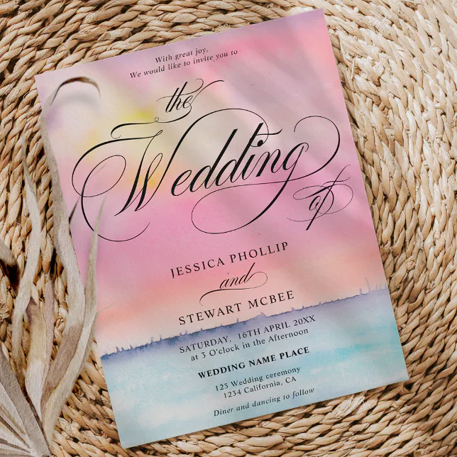 Tropical pink beach sunset calligraphy wedding invitation | Zazzle