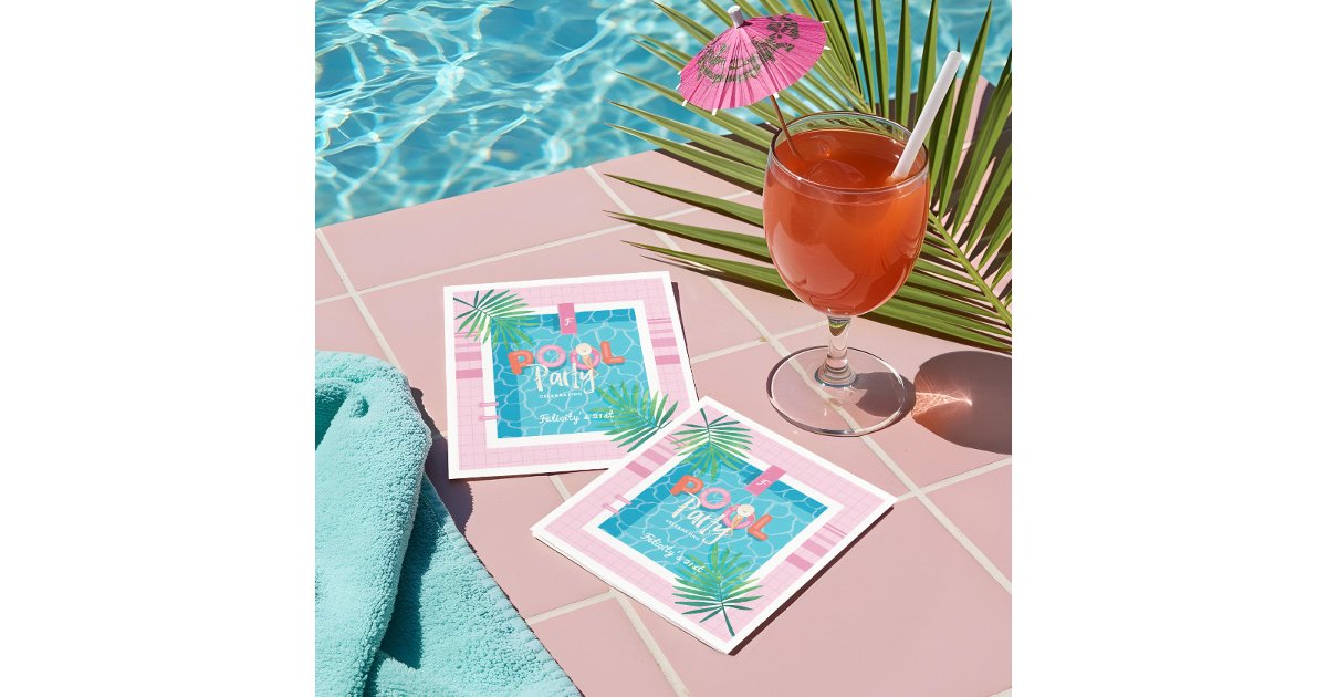 Tropical Pink & Blue Tropical Birthday Pool Party Napkins | Zazzle