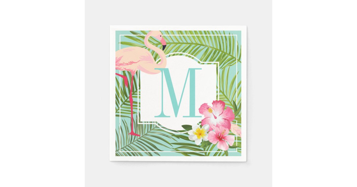 Tropical Pink Flamingo Custom Aqua Monogram Letter Paper Napkins | Zazzle