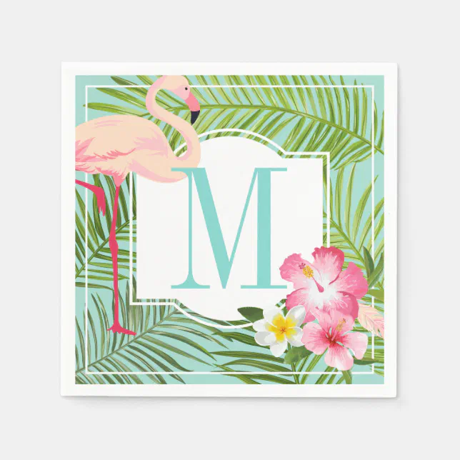 Tropical Pink Flamingo Custom Aqua Monogram Letter Paper Napkins | Zazzle