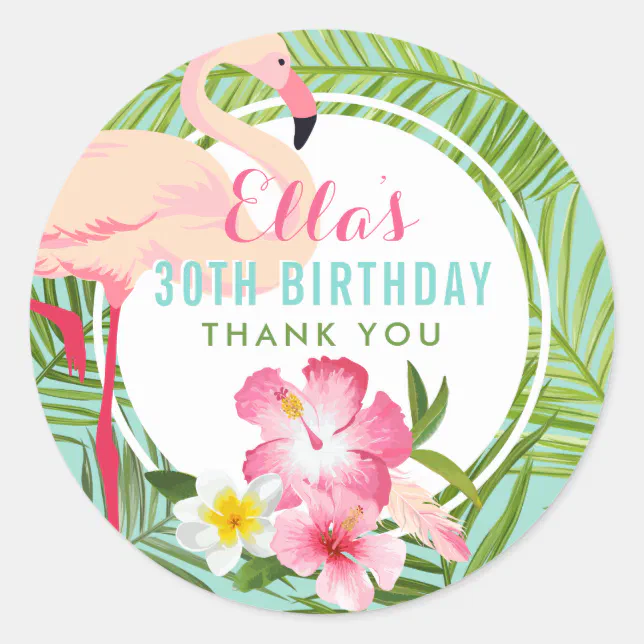 Tropical Pink Flamingo Floral Birthday Party Classic Round Sticker | Zazzle