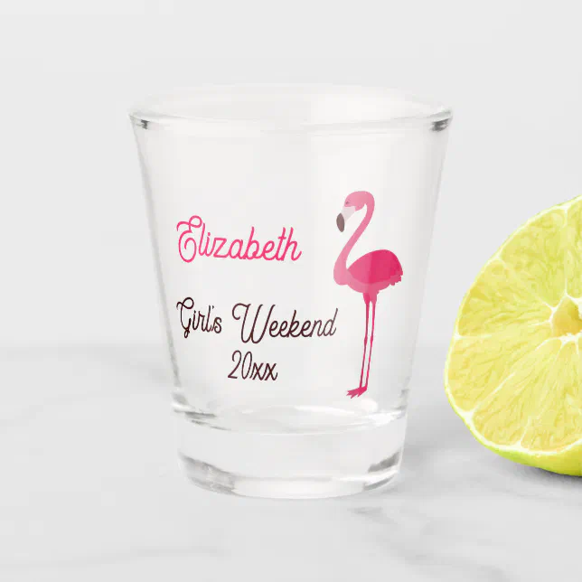 Tropical Pink Flamingo Girl's Weekend Shot Glass | Zazzle