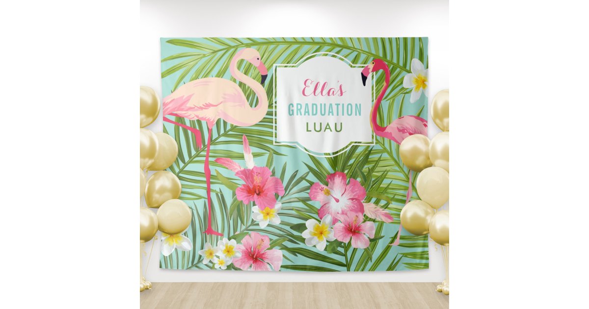 Tropical Pink Flamingo Graduation Luau Backdrop | Zazzle