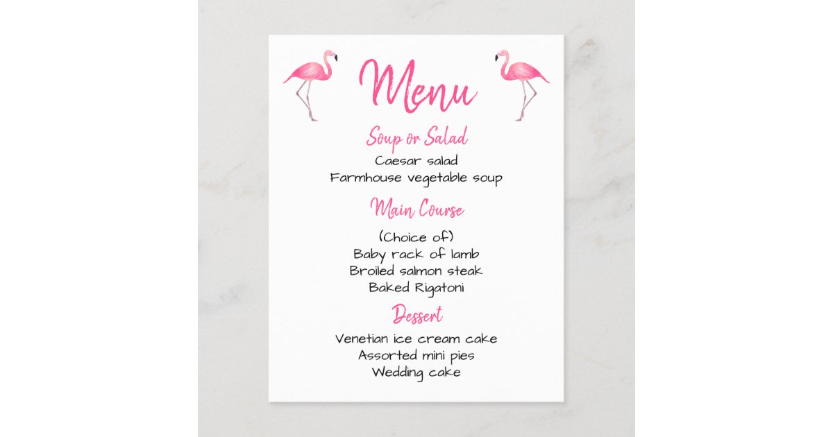 Tropical Pink Flamingo Menu Wedding Bridal Shower | Zazzle
