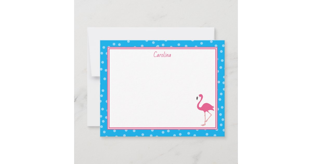 Tropical Pink Flamingo Polka Dots Blue Stationery Note Card | Zazzle