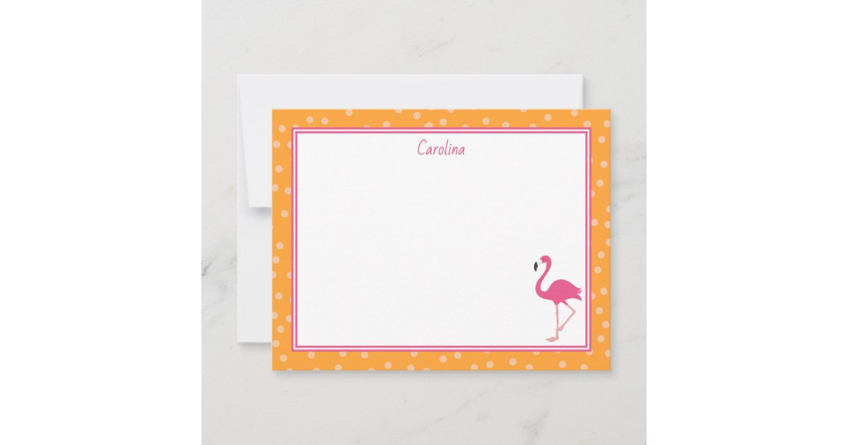 Tropical Pink Flamingo Polka Dots Orange Note Card | Zazzle