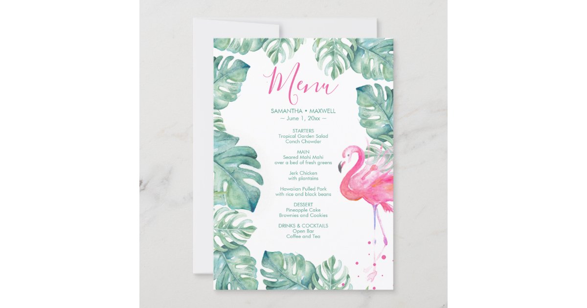 Tropical Pink Flamingo Watercolor Leaves Menu Invitation | Zazzle