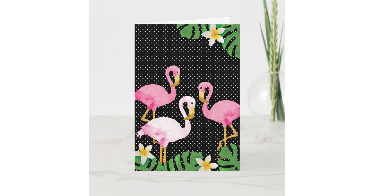 Tropical Pink Flamingos on Polka Dots Card | Zazzle