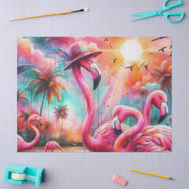Tropical Pink Flamingos Palm Trees Sun Decoupage Tissue Paper | Zazzle