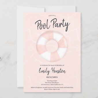 Tropical pink floater pool party Sweet 16 Invitation | Zazzle