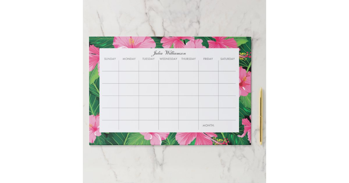 Tropical Pink Floral Custom Desk Monthly Planner Paper Pad | Zazzle