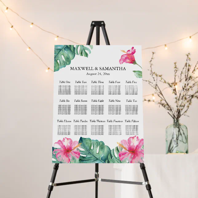 Tropical Pink Flower Wedding Seating Chart Foam Board | Zazzle